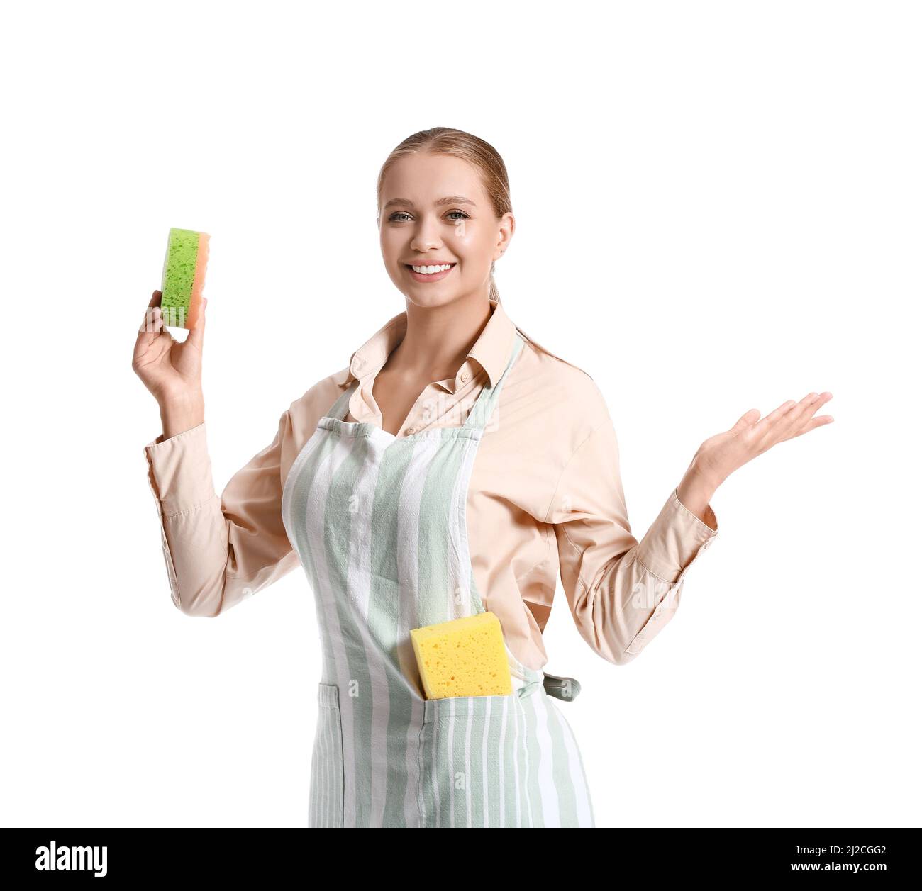 Young woman with sponges on white background Stock Photo - Alamy