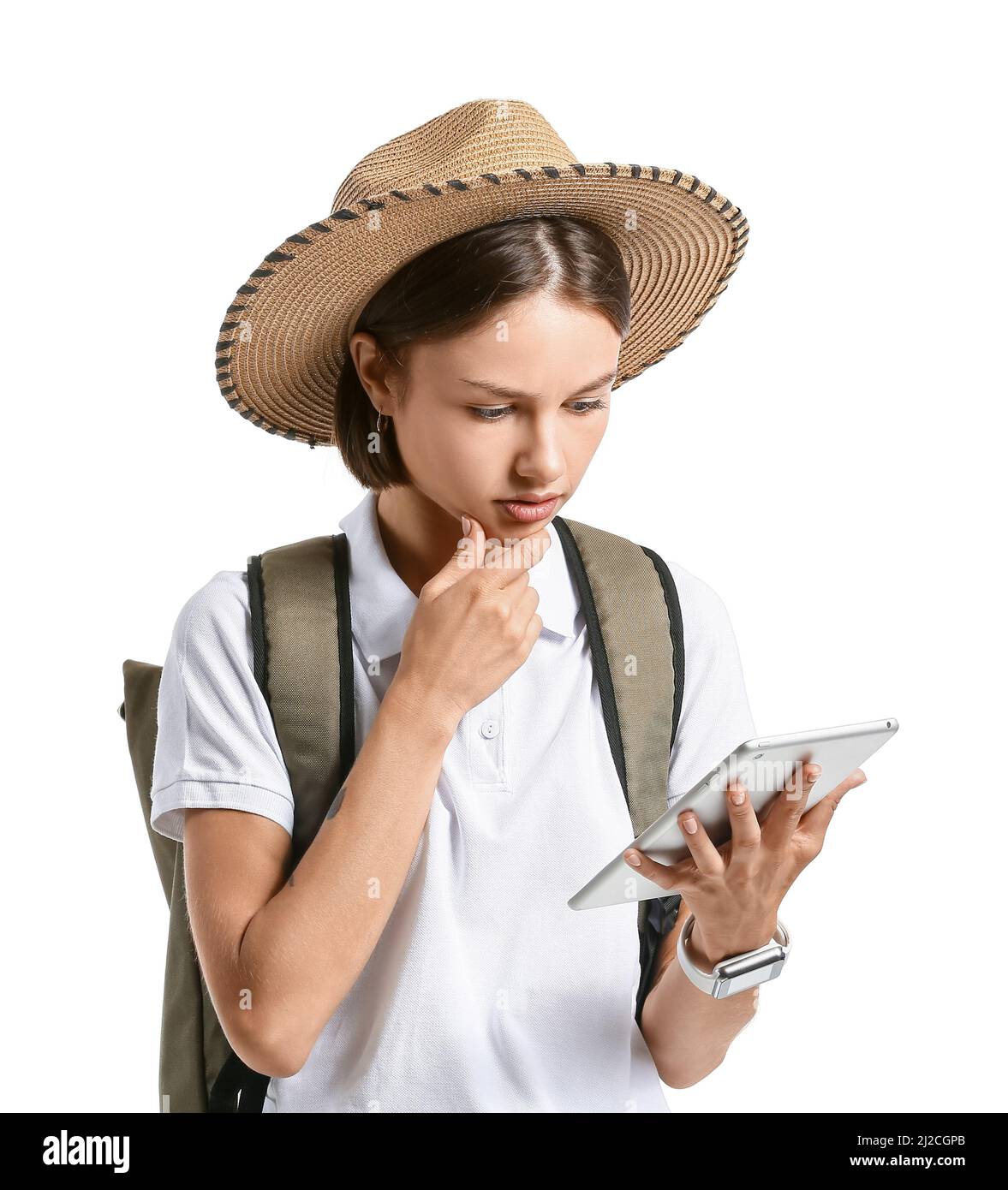 Female tourist with tablet on white background Stock Photo - Alamy
