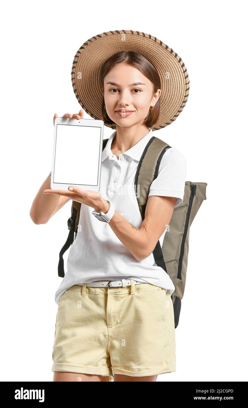 Female tourist with tablet on white background Stock Photo - Alamy