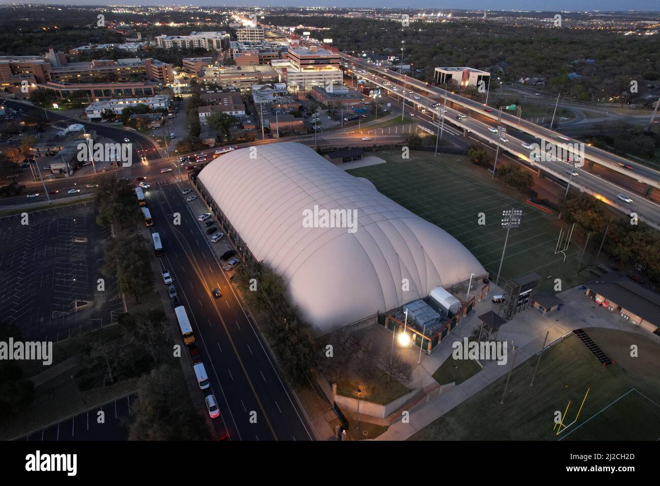 An aerial view of the Texas Longhorns football practice facility ...