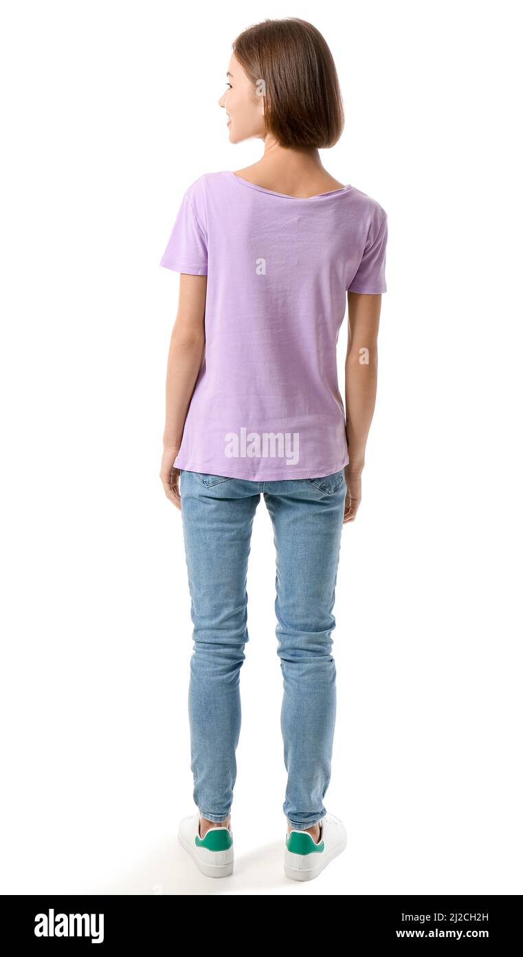 Beautiful young woman in stylish t-shirt on white background, back view ...