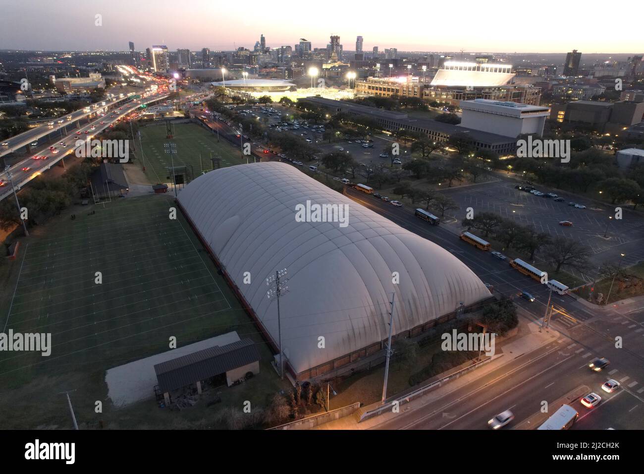 An aerial view of the Texas Longhorns football practice facility ...