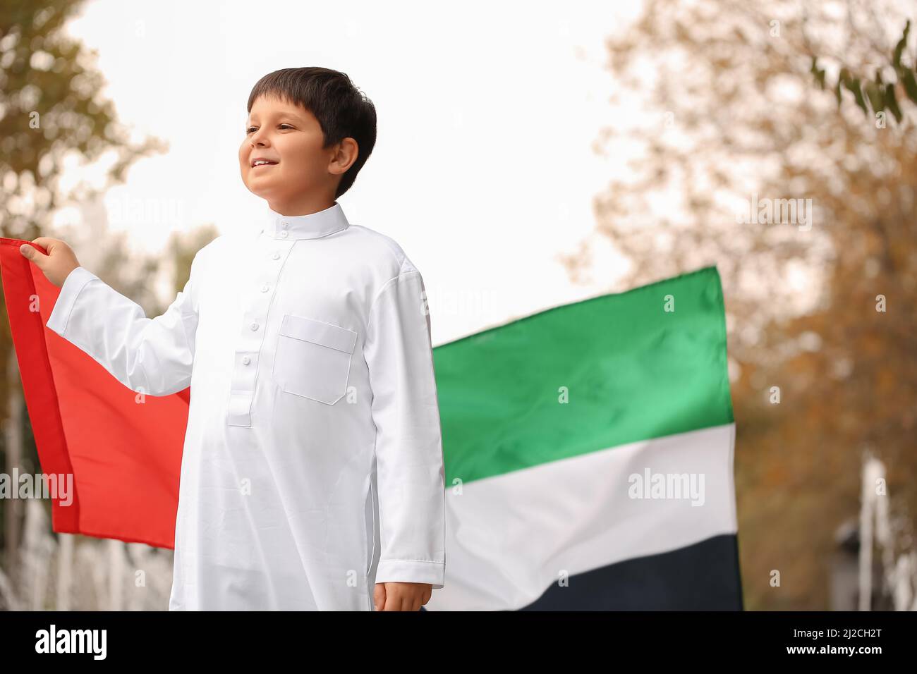 Cute little boy with national flag of UAE outdoors Stock Photo - Alamy