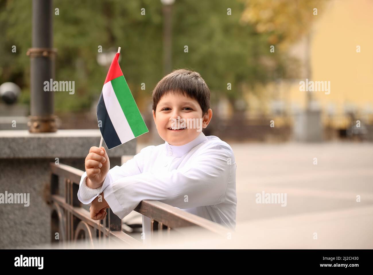 Cute little boy with national flag of UAE outdoors Stock Photo - Alamy