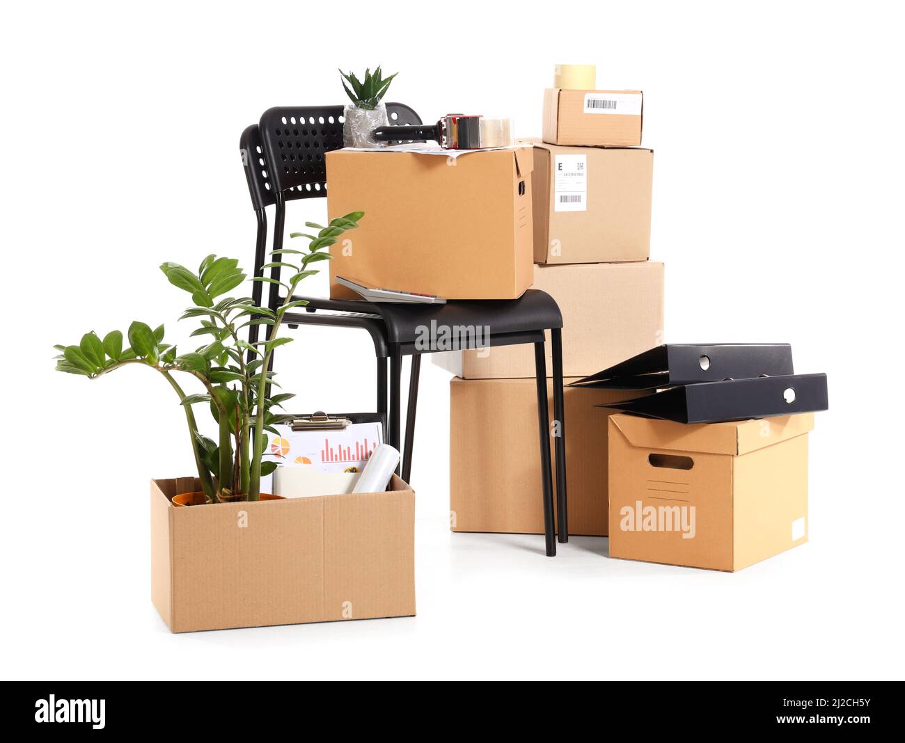 Cardboard boxes with stuff and office chair on white background Stock ...