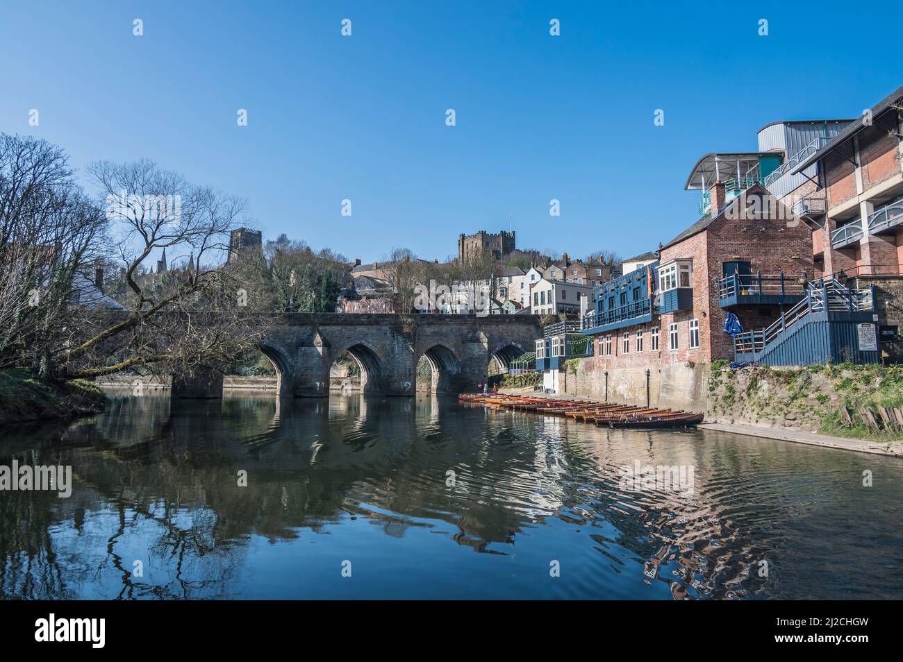Colourful scenes on the River Wear Durham, towards the Elves Bridge and ...