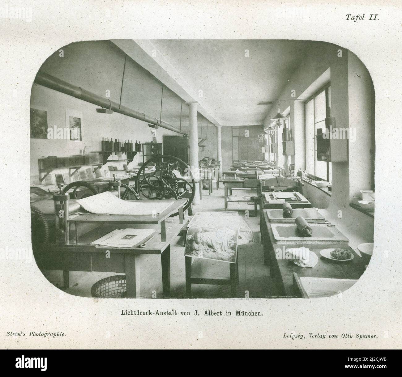 Interior view of German inventor and photographer Joseph Albert's (1825 - 1886) collotype studio ...