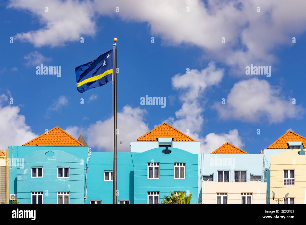 Flag of Curacao waving at the city center of Willemstad, Curacao Stock ...