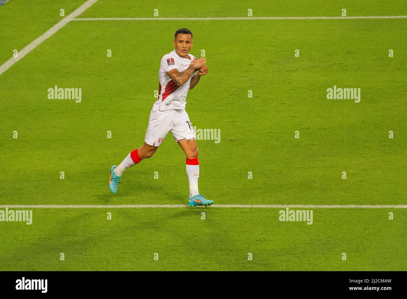 Lima, Peru. 29th Mar, 2022. Player Miguel Trauco, from Peru, celebrates ...