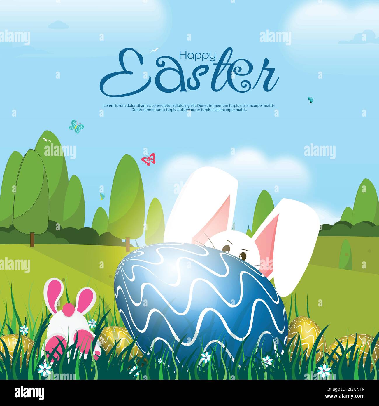Easter theme, cute rabbits playing in the natural background on grass ...