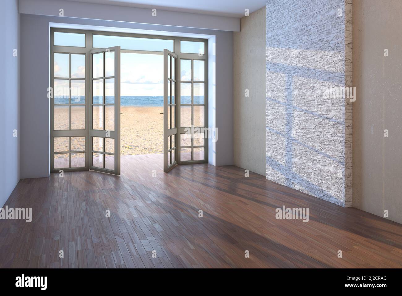 Empty Room with Sea View. Interior with Open Windows Overlooking the ...