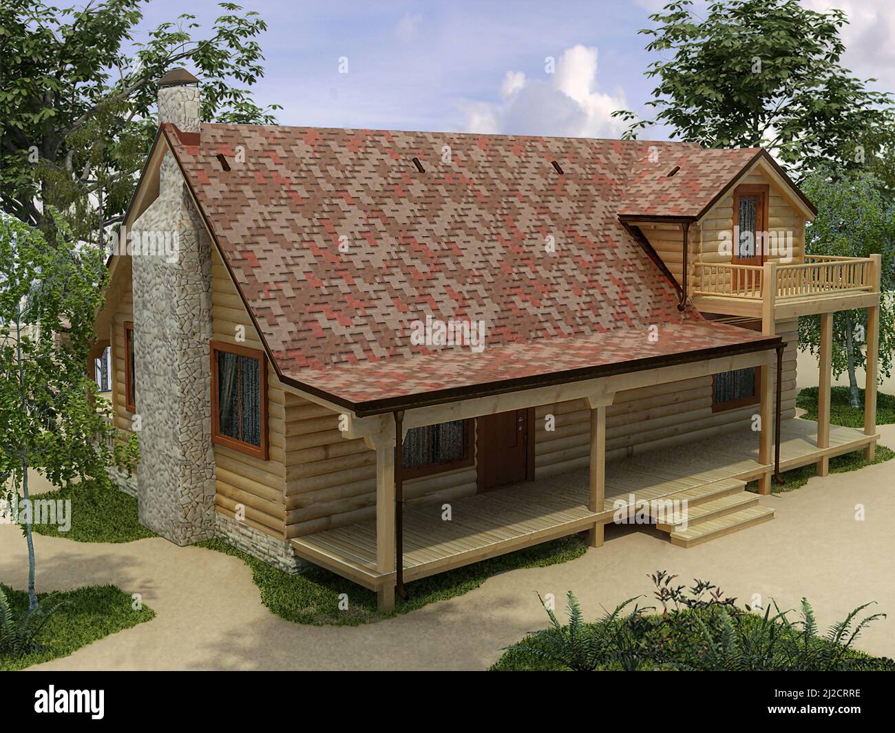 3d render of an architectural project of a wooden house from a log ...