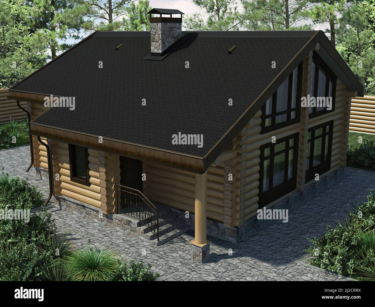3d render of an architectural project of a wooden house from a log ...