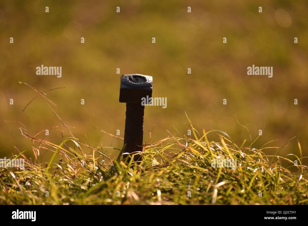 An old rusty hex bolt planted in the ground Stock Photo - Alamy