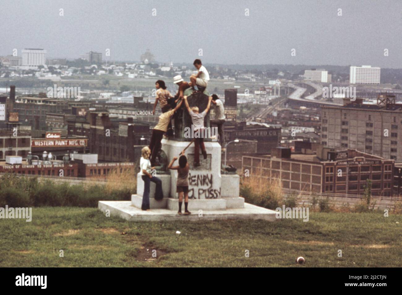 Looking over West Bottoms of Kansas City from Mulkey Square park, a ...
