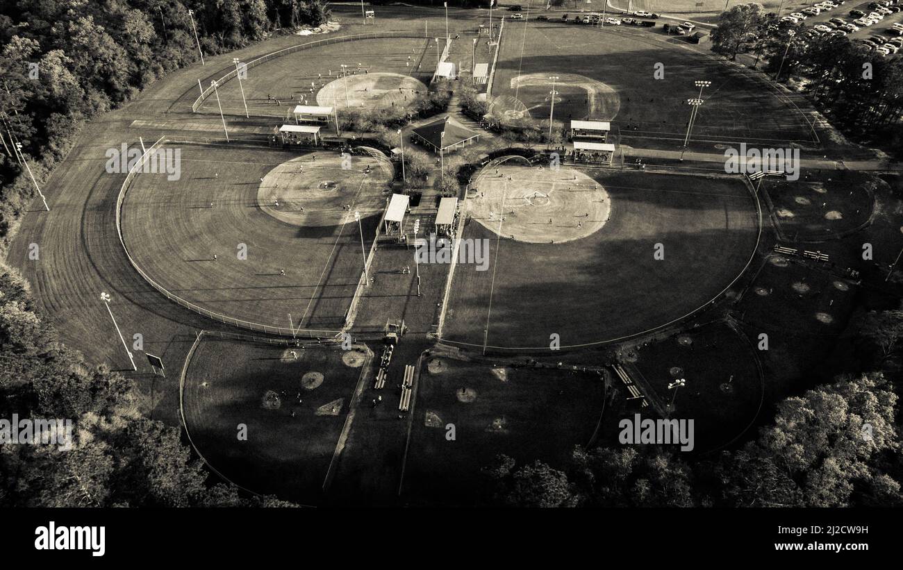 An aerial shot of baseball fields surrounded by trees in black and ...