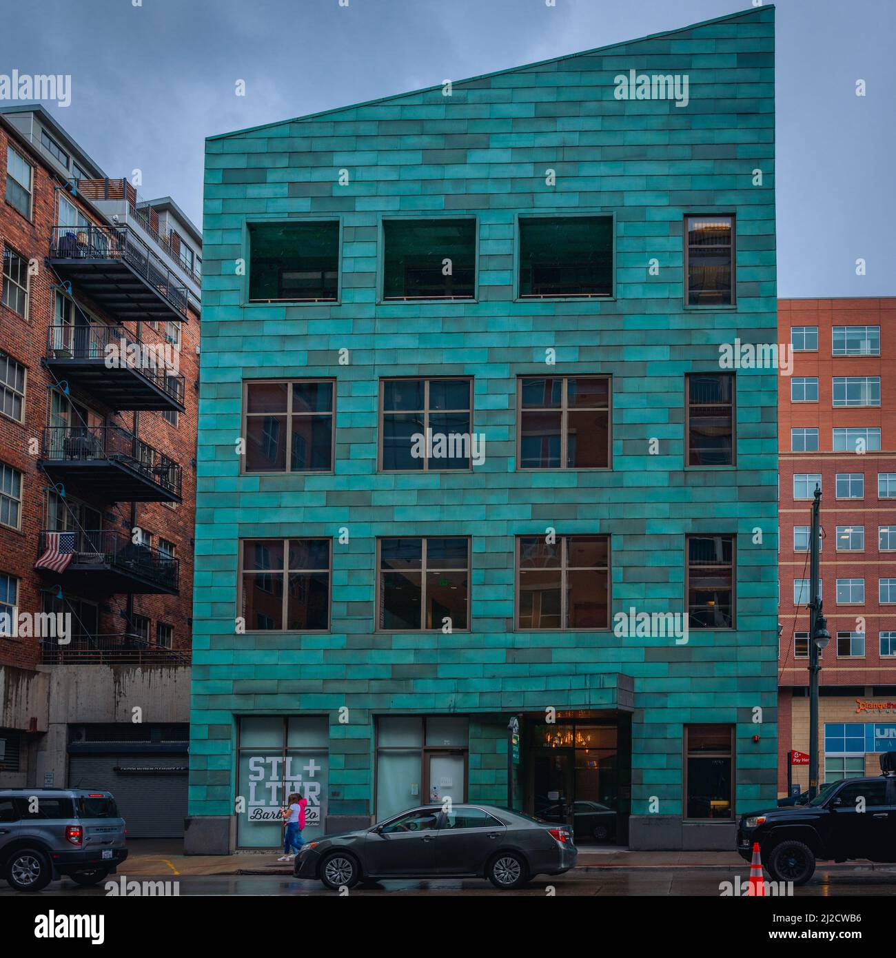 An angular green building in the city of Denver, Colorado Stock Photo ...