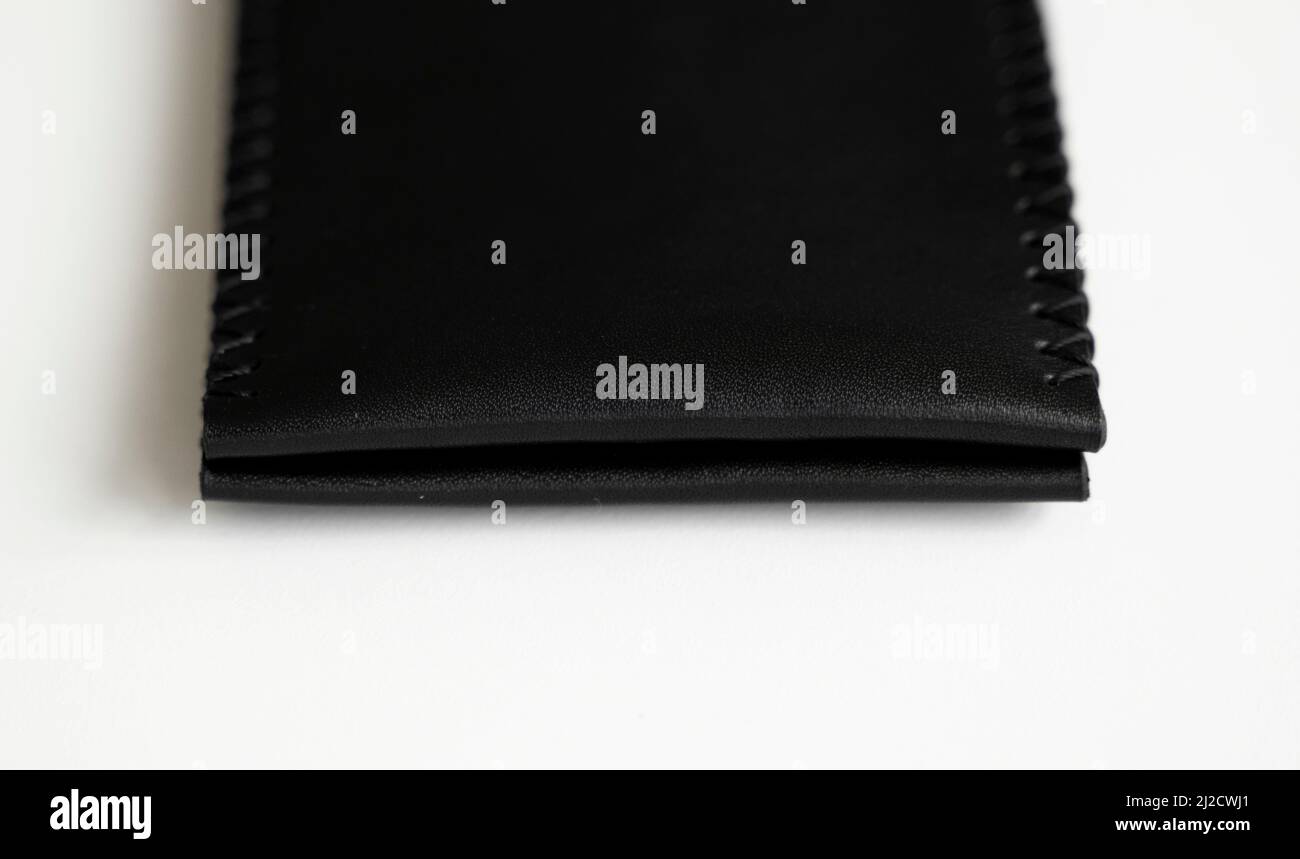 Empty black men's money clip handmade leather wallet with a two pockets ...