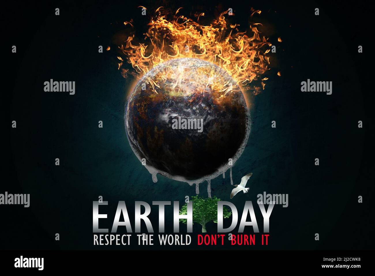 An Earth Day activism poster with an image of the planet burning Stock ...