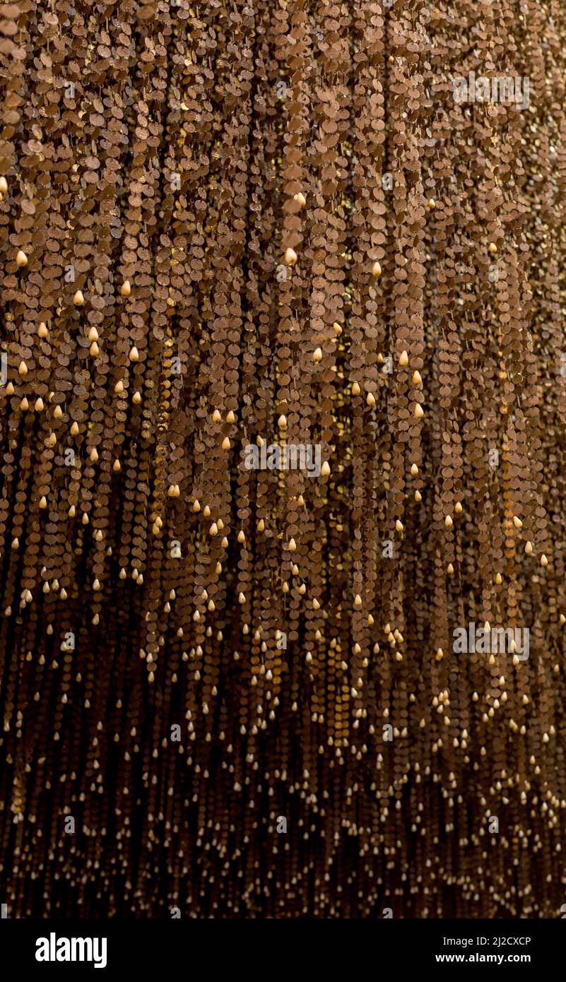 A vertical shot of many golden sequins hanging from the top in a dark ...