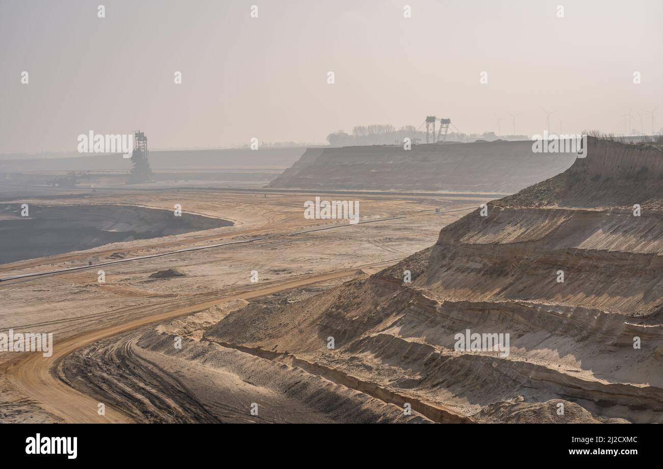 Barren landscape of Garzweiler surface mine, view into the open mine ...