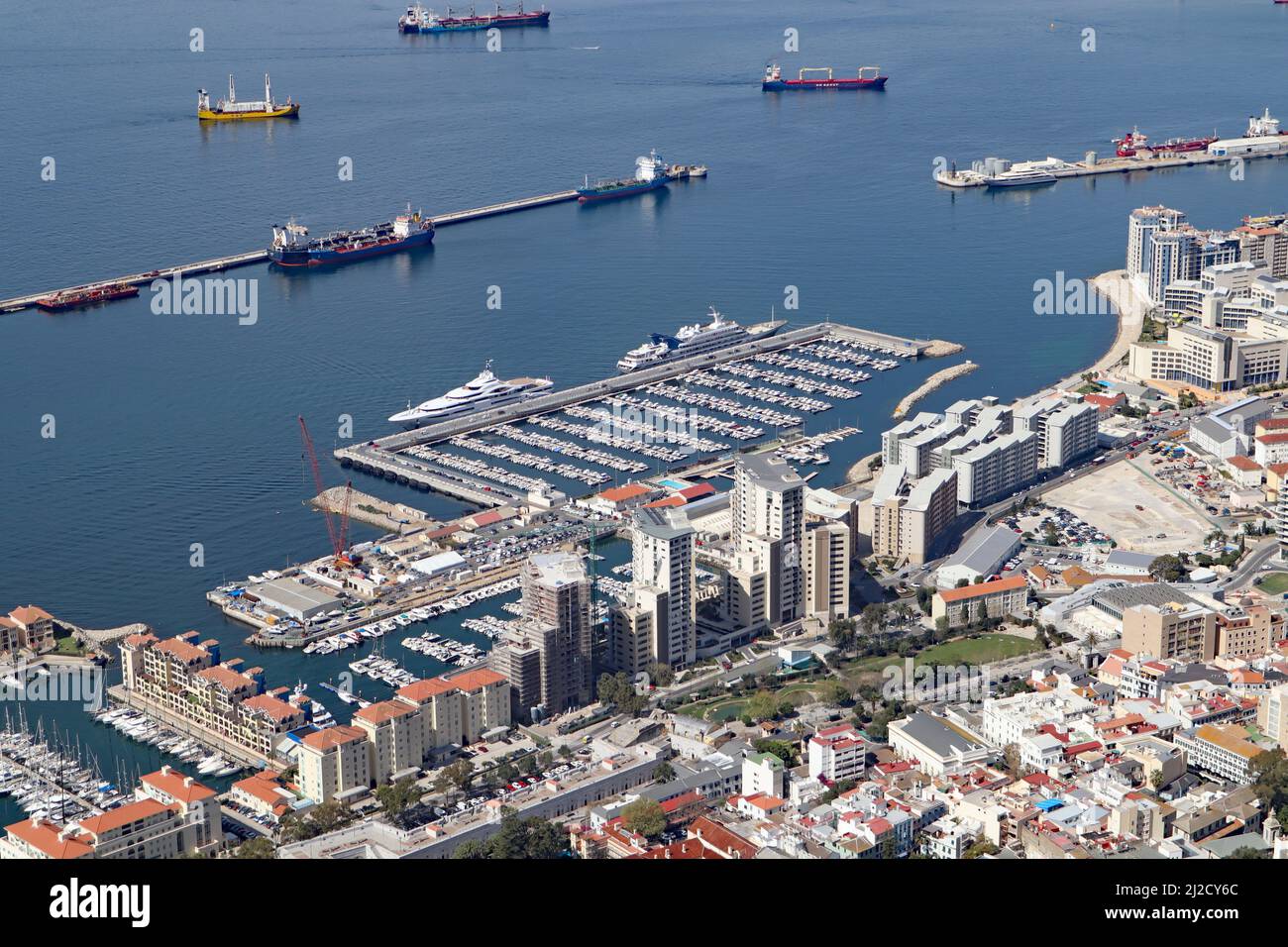 Panoramic view over Gibraltar harbour from the top of the Rock of ...