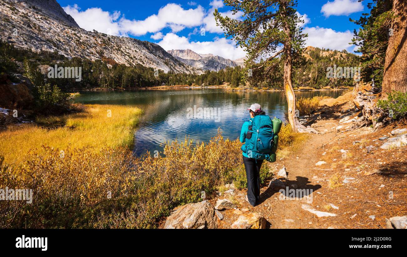 Backpacker on the Bishop Pass Trail at Long Lake, John Muir Wilderness ...