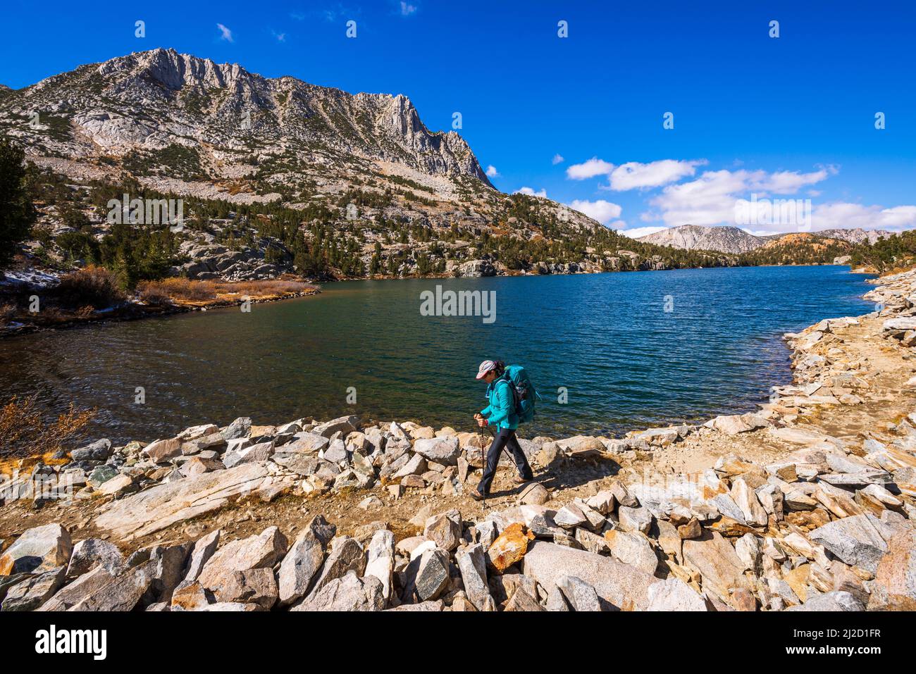 Backpacker on the Bishop Pass Trail at Long Lake, John Muir Wilderness ...