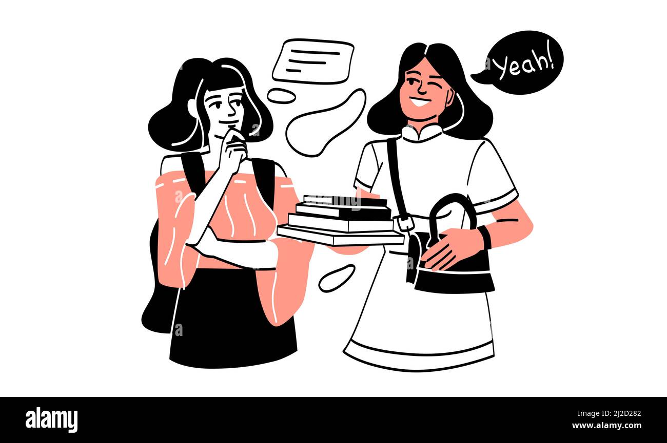 Happy young students concept. Cute smiling girls with books think and ...