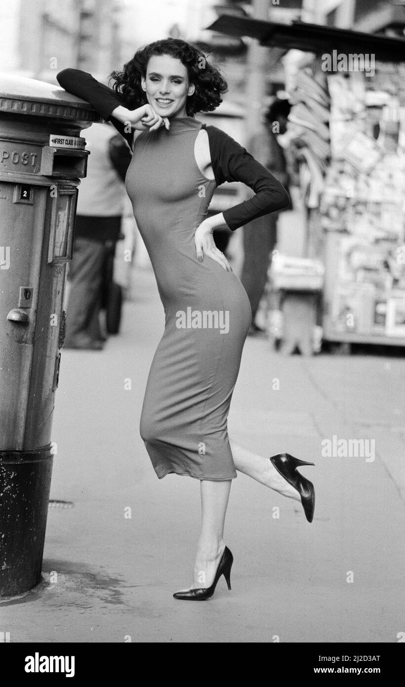 Model wearing outfit designed by Debbie Moore, 27th November 1986 ...