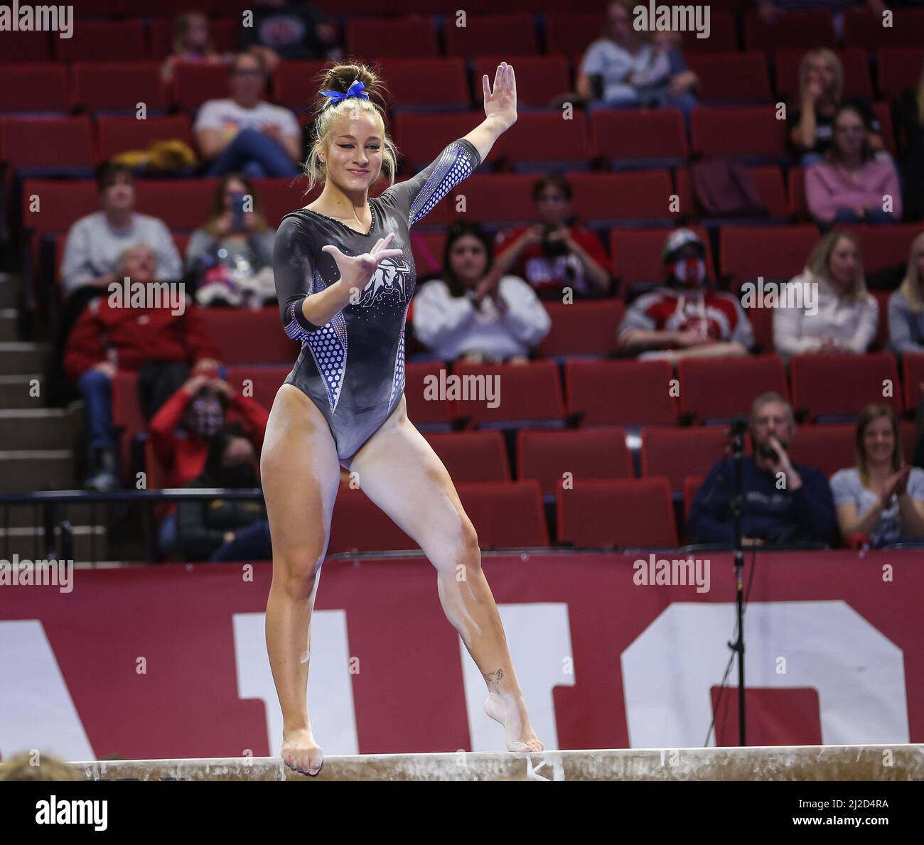 Norman, OK, USA. 31st Mar, 2022. Utah State's Kielyn McCright performs ...