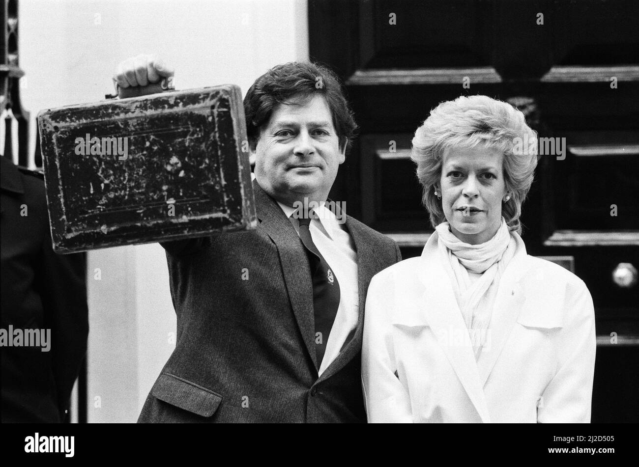 Chancellor of the Exchequer Nigel Lawson outside 11 Downing Street with ...