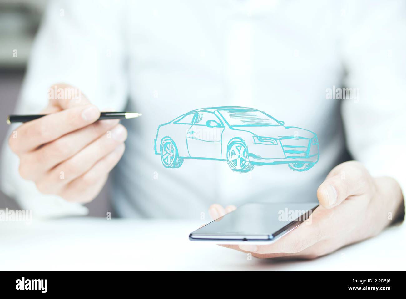 man hand holding phone with car on white background Stock Photo - Alamy