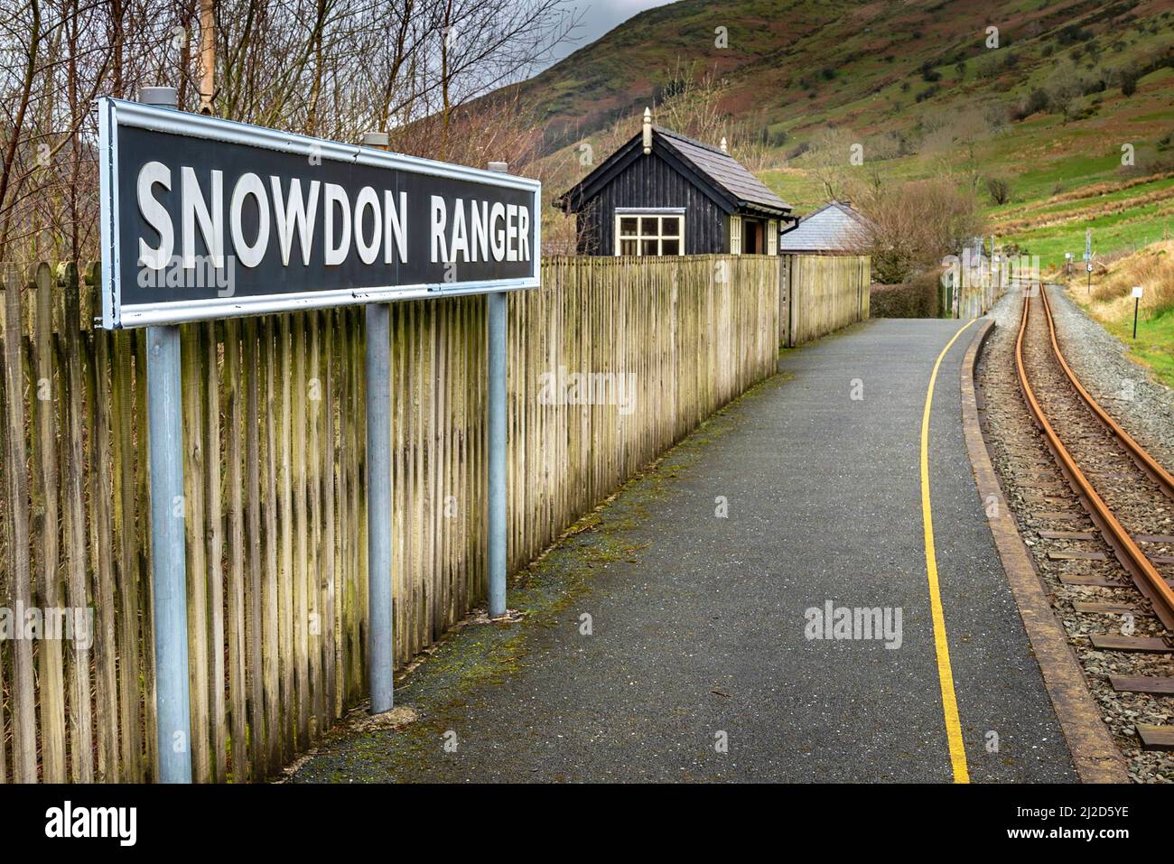 Snowdonia,Wales,UK-March 17th 2022:The railway platform sign,stands ...