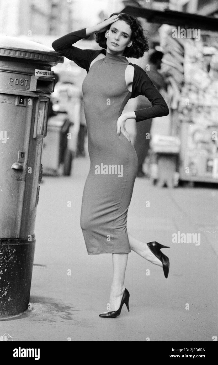 Model wearing outfit designed by Debbie Moore, 27th November 1986 ...