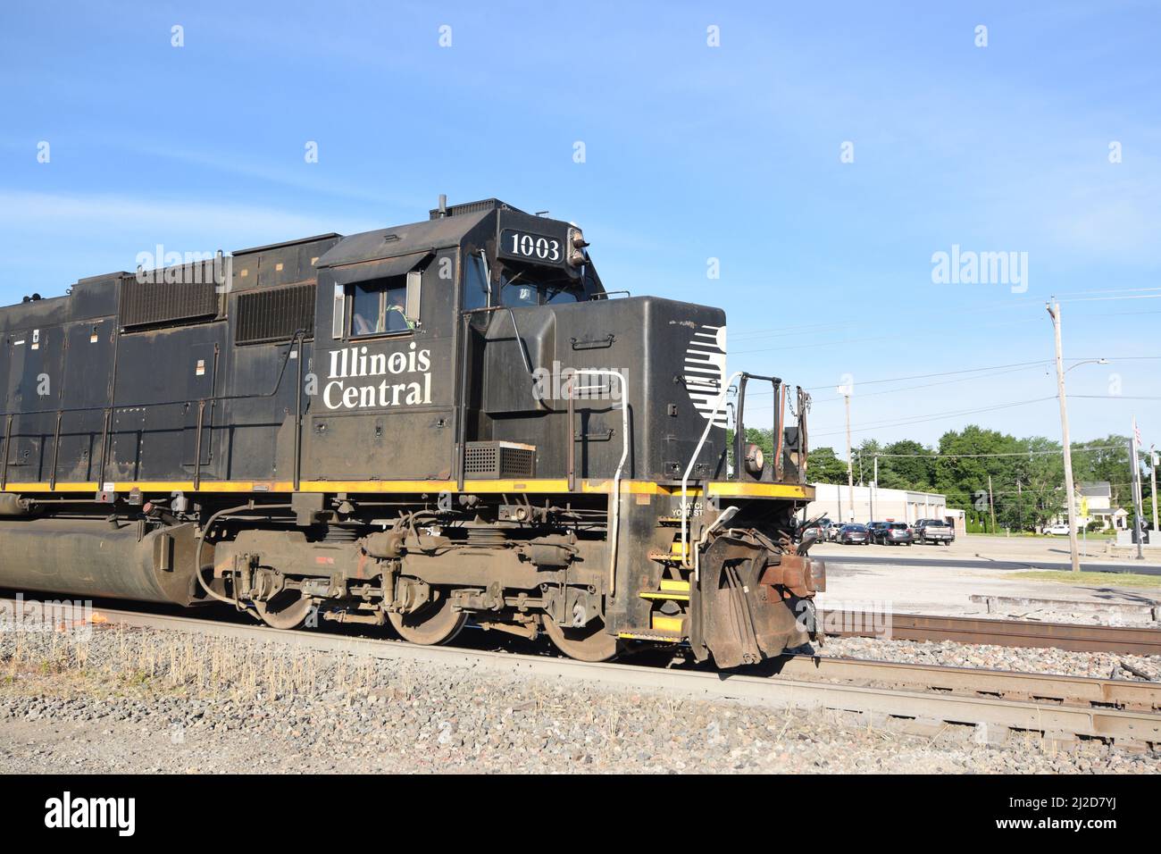 Oncoming Illinois Central train engine in Arcola, Illinois Stock Photo ...