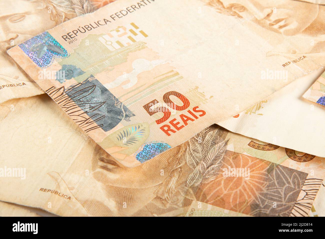 Brazilian money. 50 reais banknotes. Brazilian finance concept Stock ...