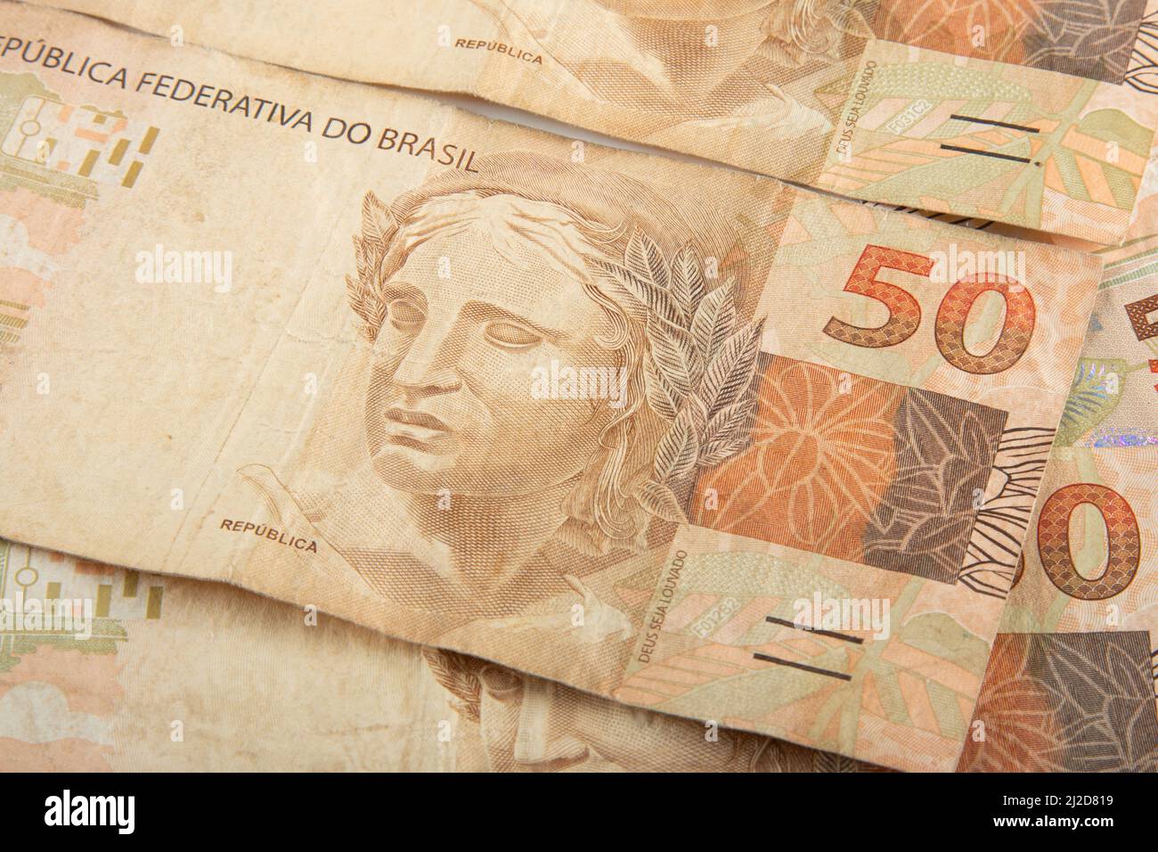 Brazilian money. 50 reais banknotes. Brazilian finance concept Stock ...