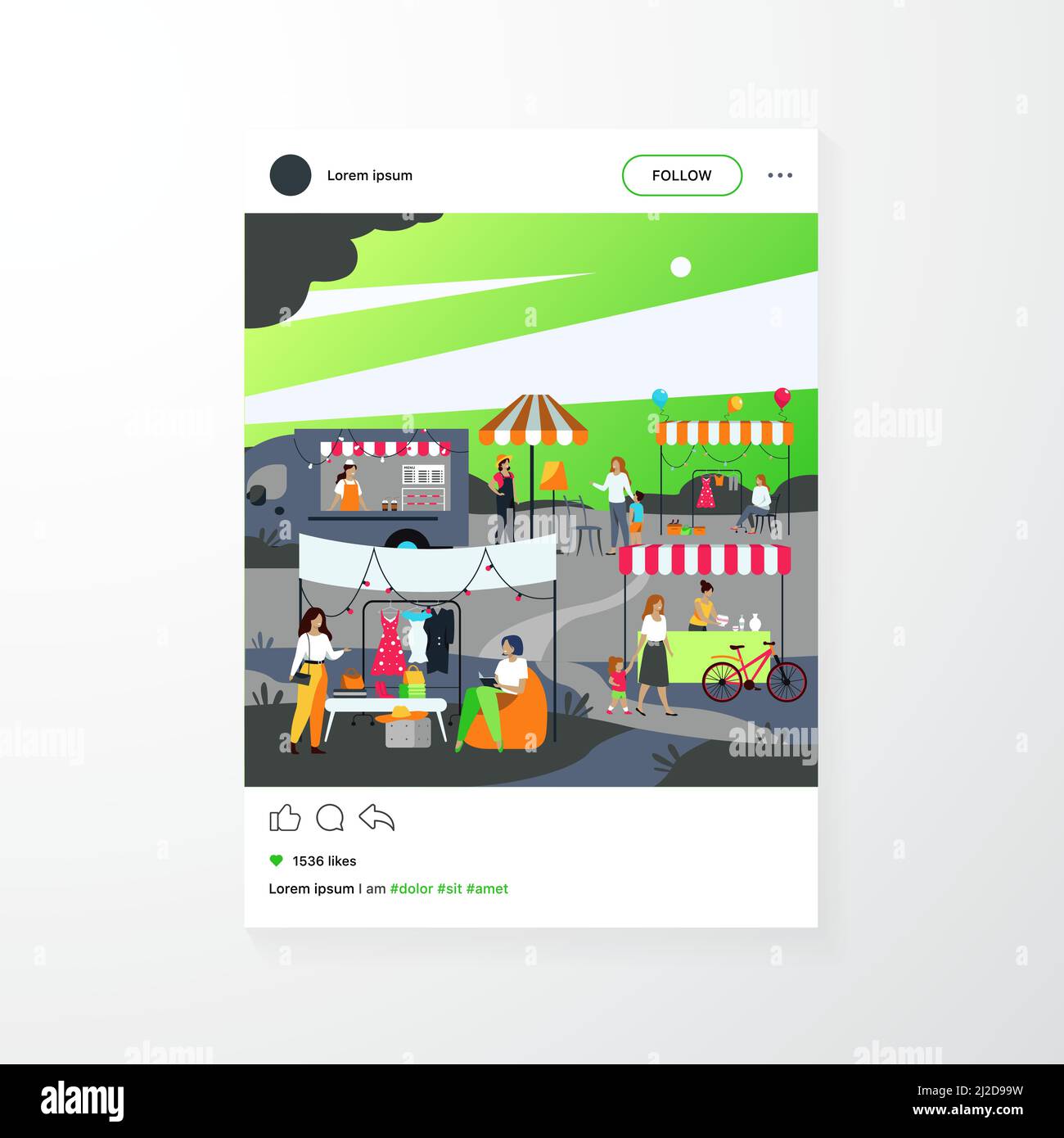 Happy people at street season flea market flat vector illustration ...