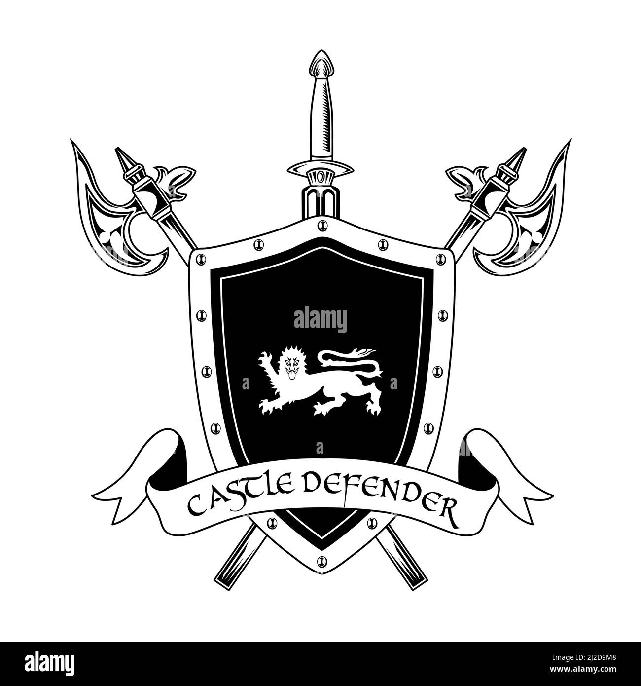 Medieval knight weapon vector illustration. Crossed axes, sword, shield ...