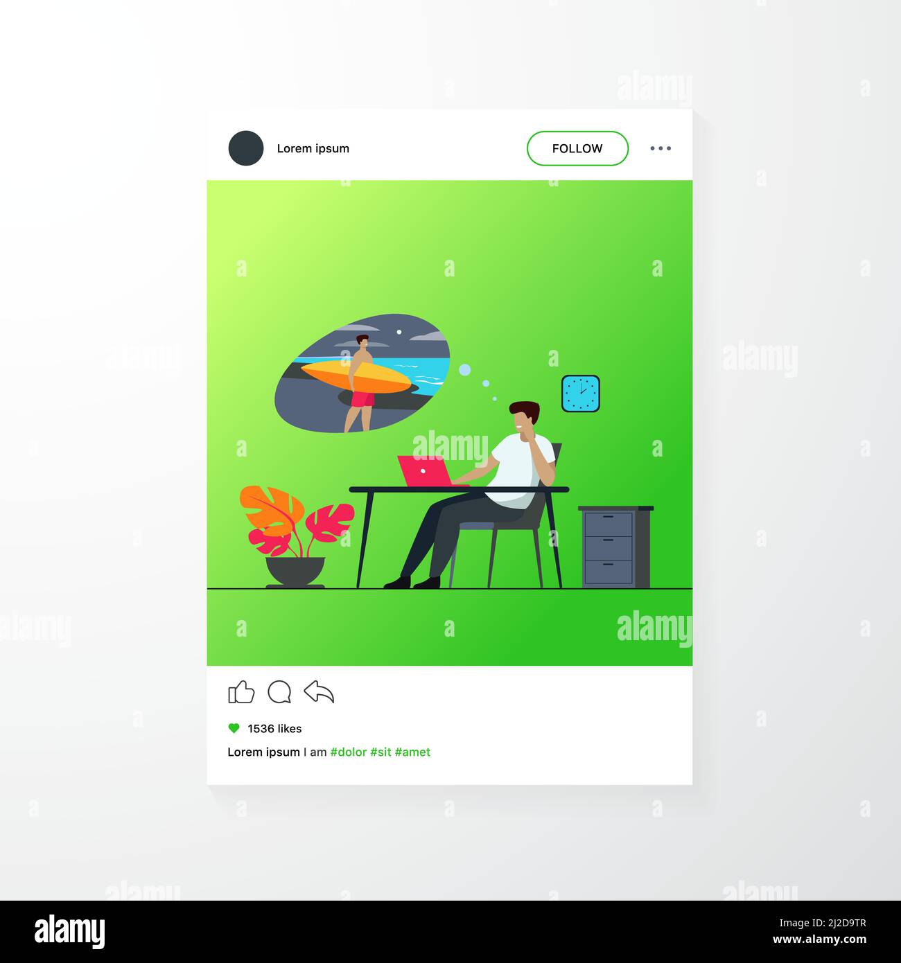 Office manager dreaming about vacation at sea flat vector illustration ...