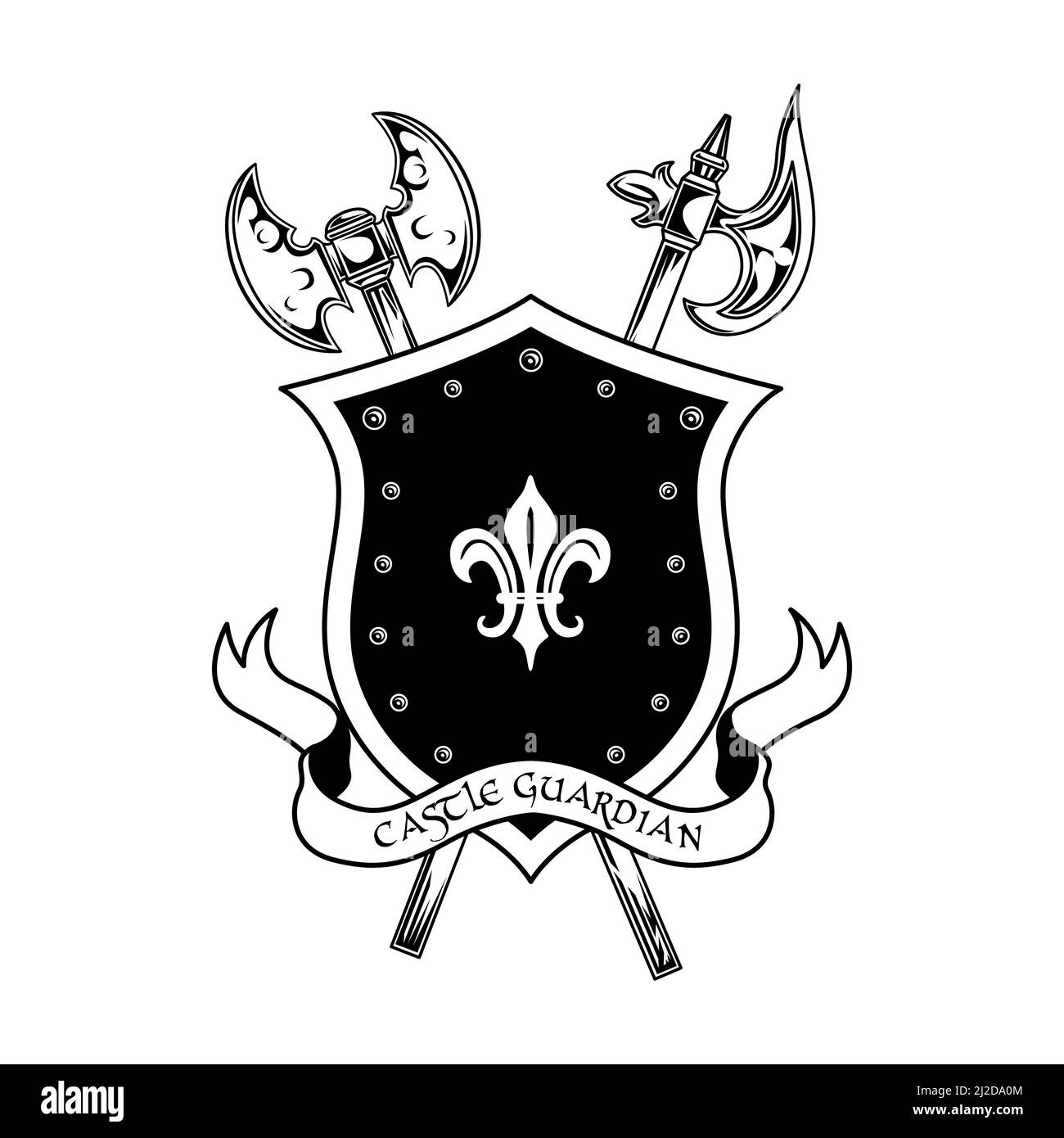 Medieval warriors weapon vector illustration. Crossed axes, shield and ...