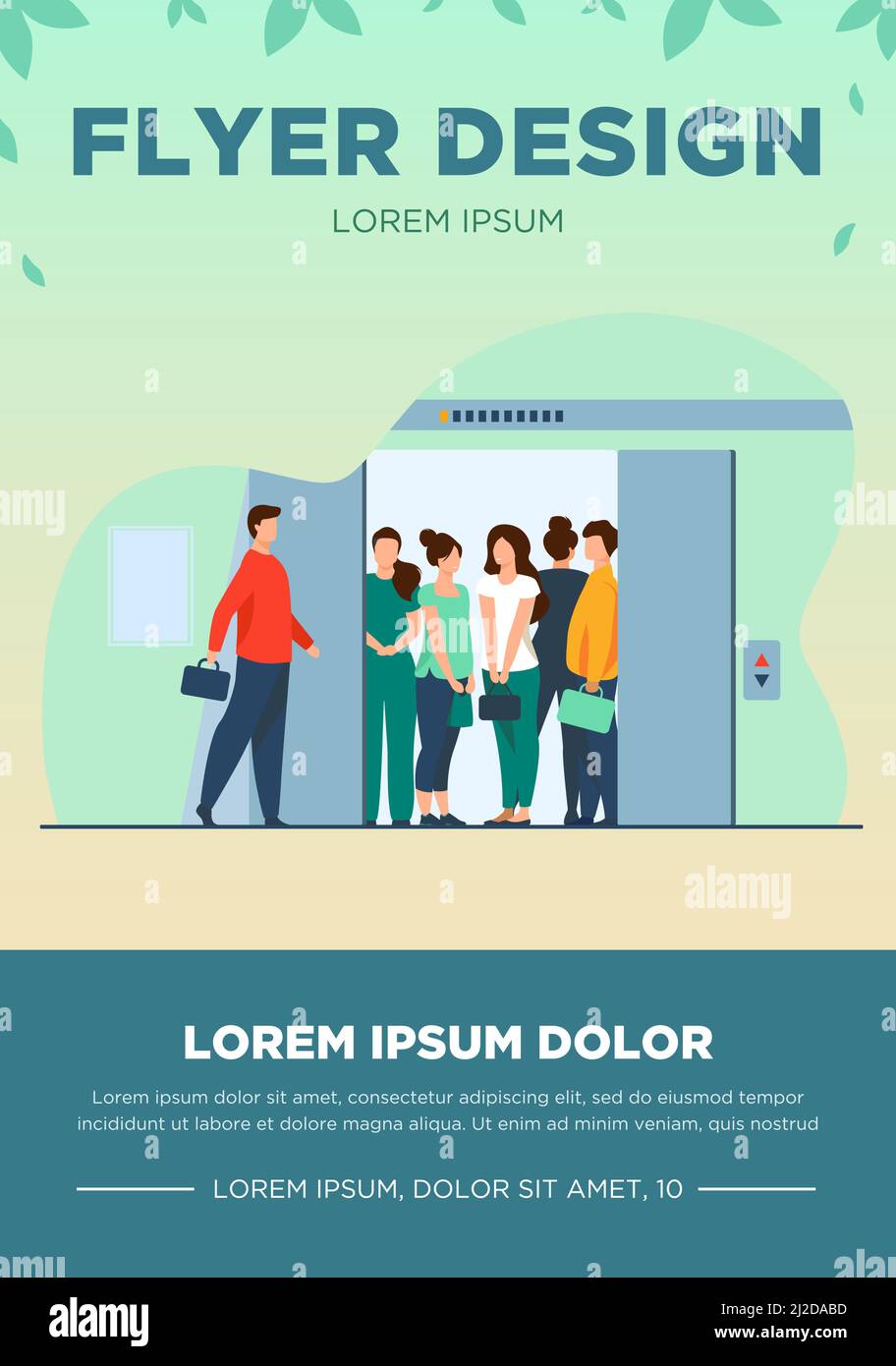 Man coming into overcrowded elevator cabin. Building hall, open doors ...