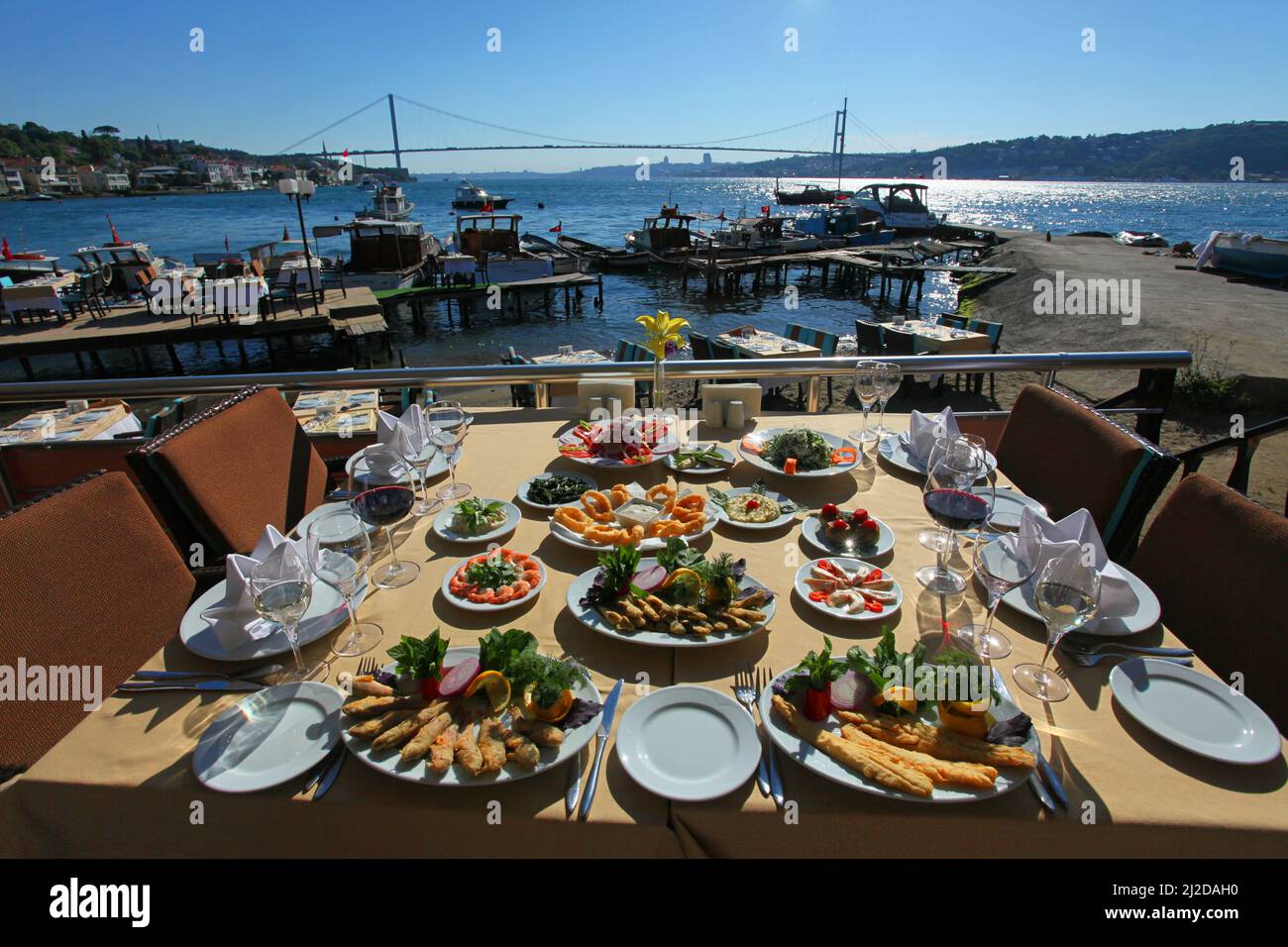 Turkish sea foods and Turkish appetizer foods on the restaurant table ...