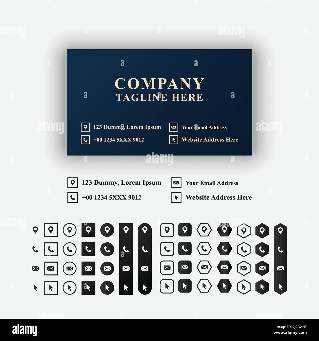 Business card design template, contact information icons set. Editable ...