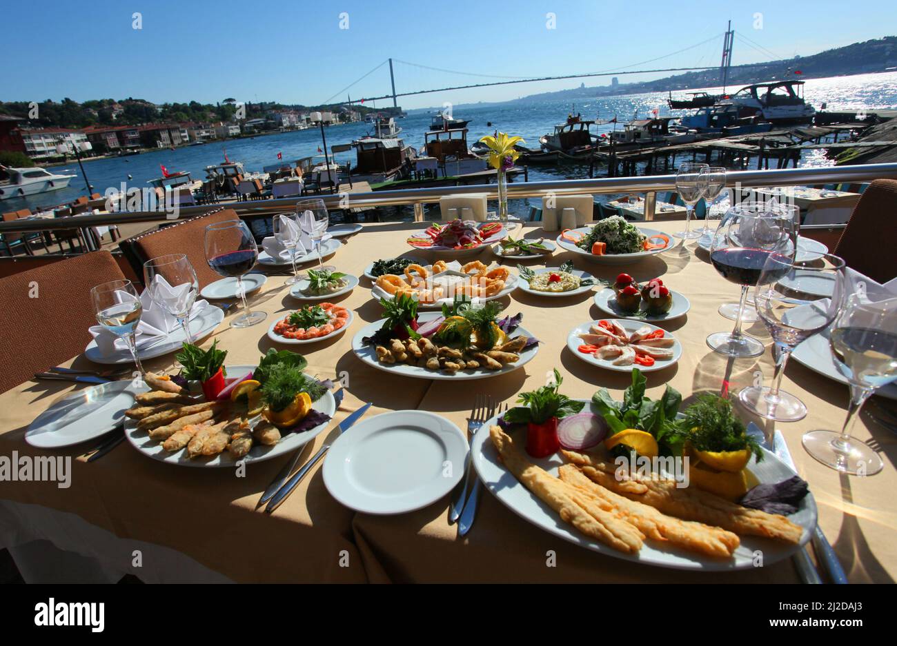 Turkish sea foods and Turkish appetizer foods on the restaurant table ...