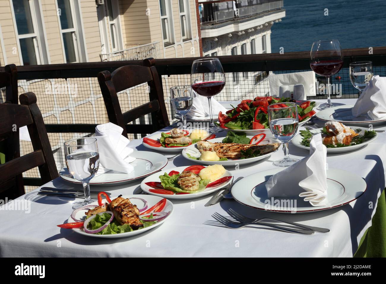 Turkish sea foods and Turkish appetizer foods on the restaurant table ...