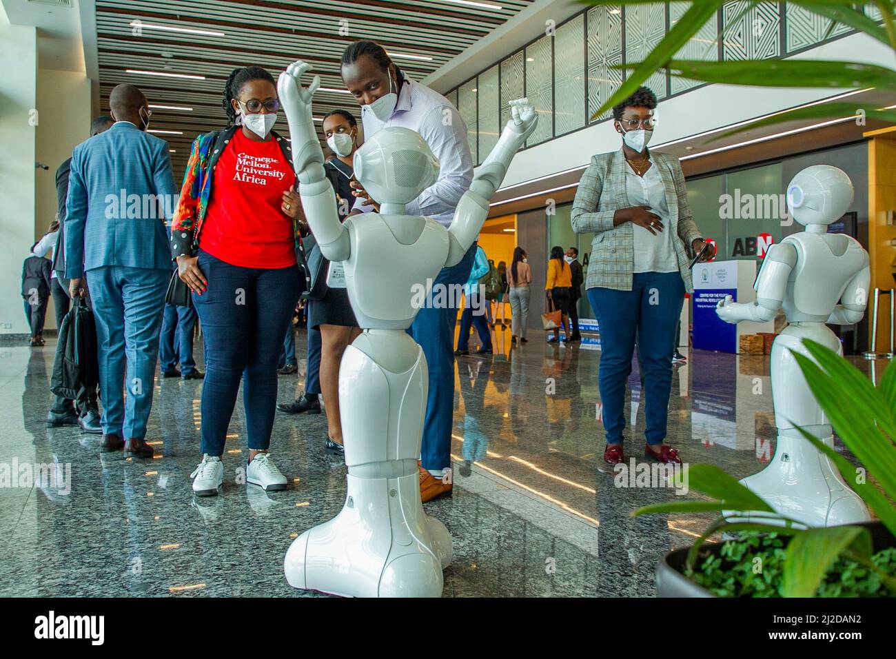 Kigali, Rwanda. 31st Mar, 2022. Robots are on display for the launch of ...