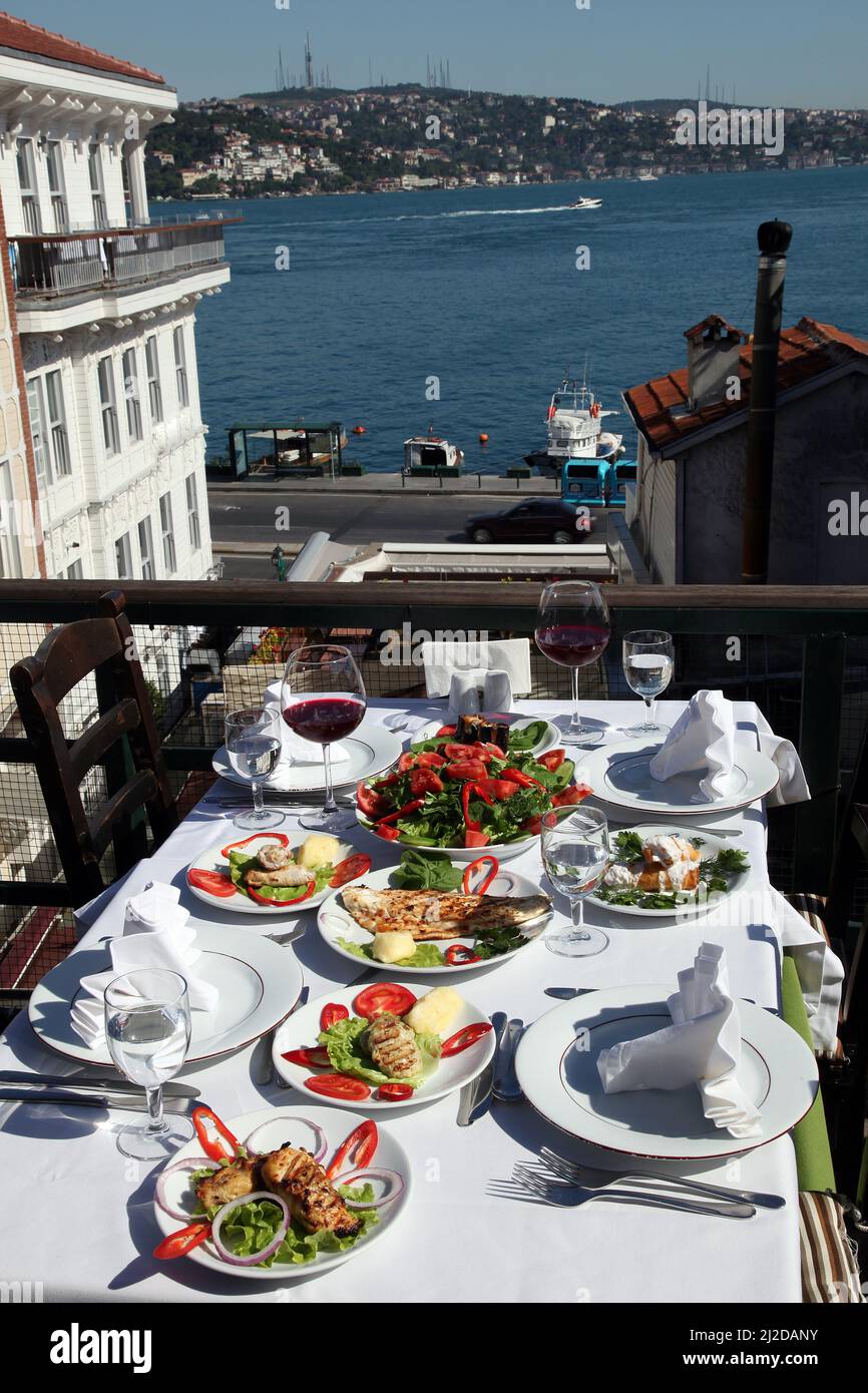 Turkish sea foods and Turkish appetizer foods on the restaurant table ...