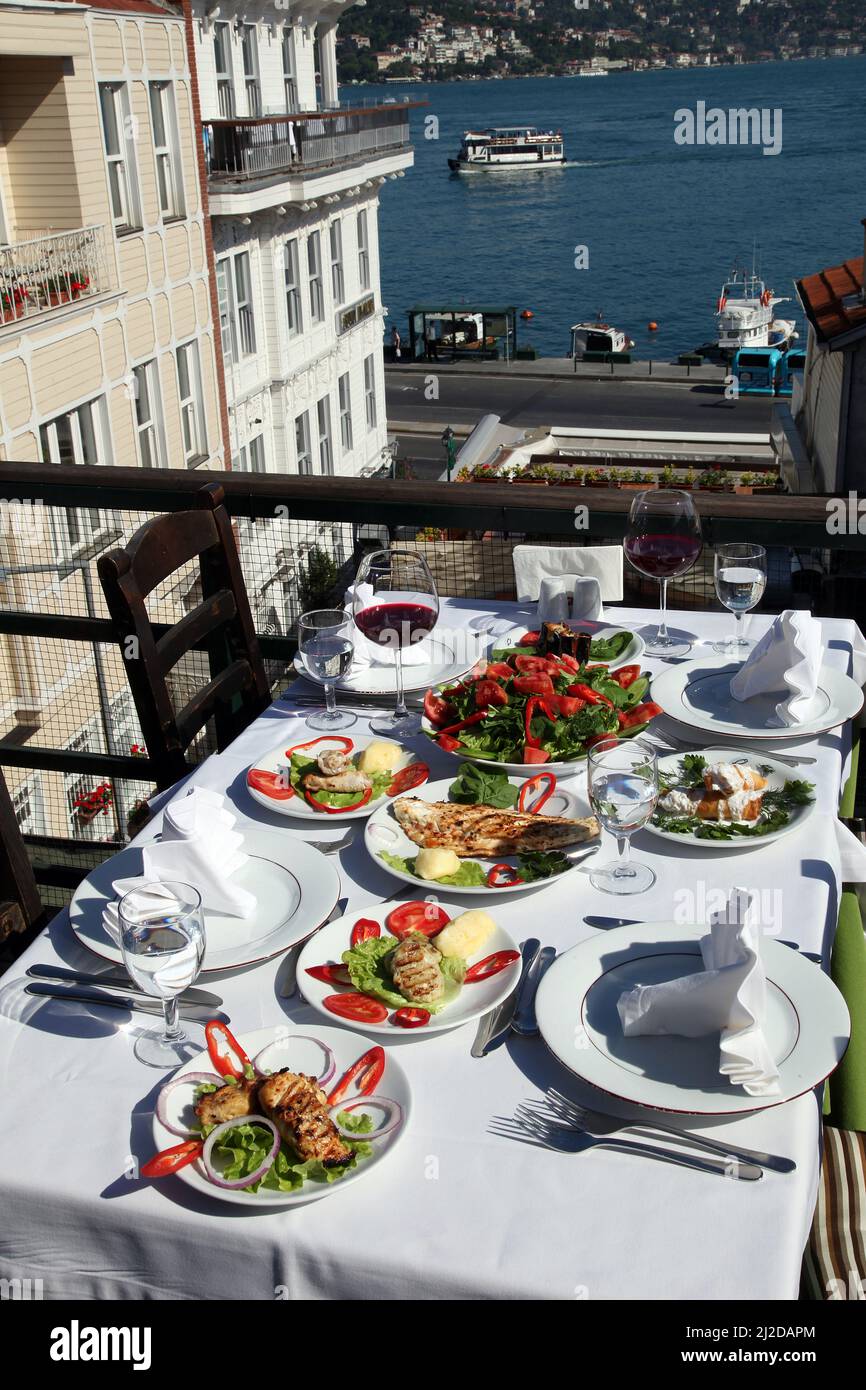 Turkish sea foods and Turkish appetizer foods on the restaurant table ...